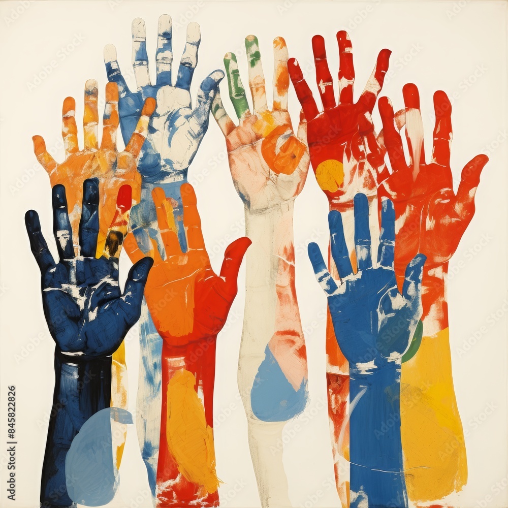 Impressionable artwork featuring multiple handprints in various colors ...