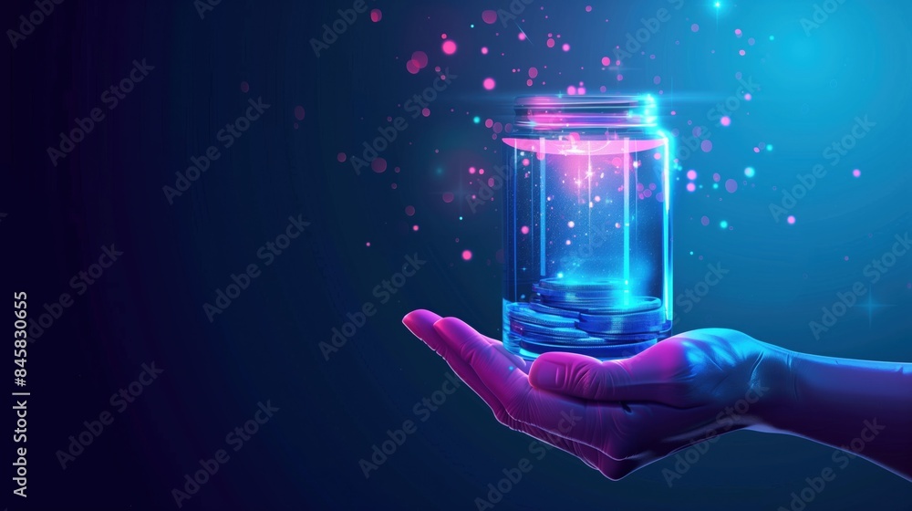 Hand holding a futuristic glowing jar with sparkles and lights ...