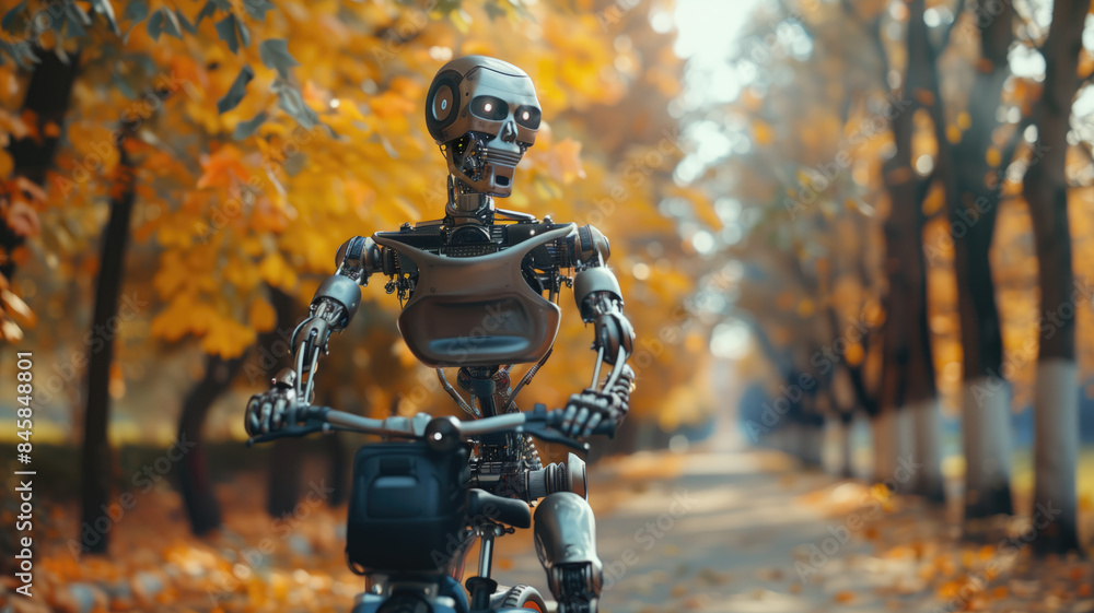 Happy humanoid robot rides a bicycle along the autumn alley. Robotic ...