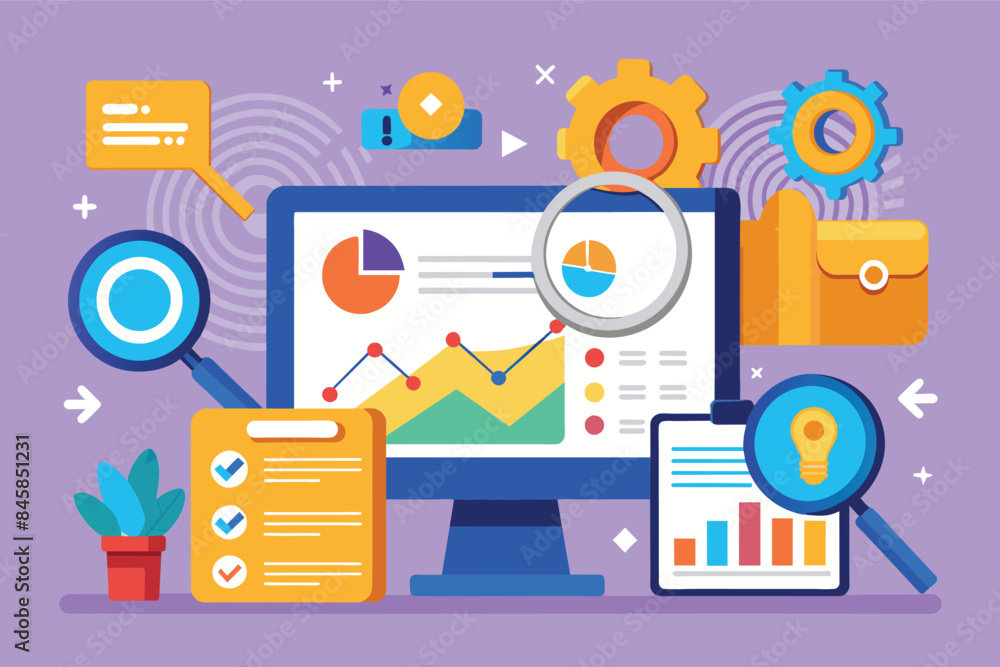 A digital illustration depicts a desktop computer displaying data charts and graphs with ...