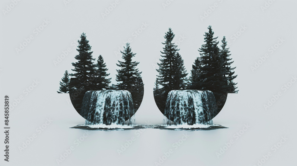 simple white vector logo of two black metal waterfalls with pine trees ...
