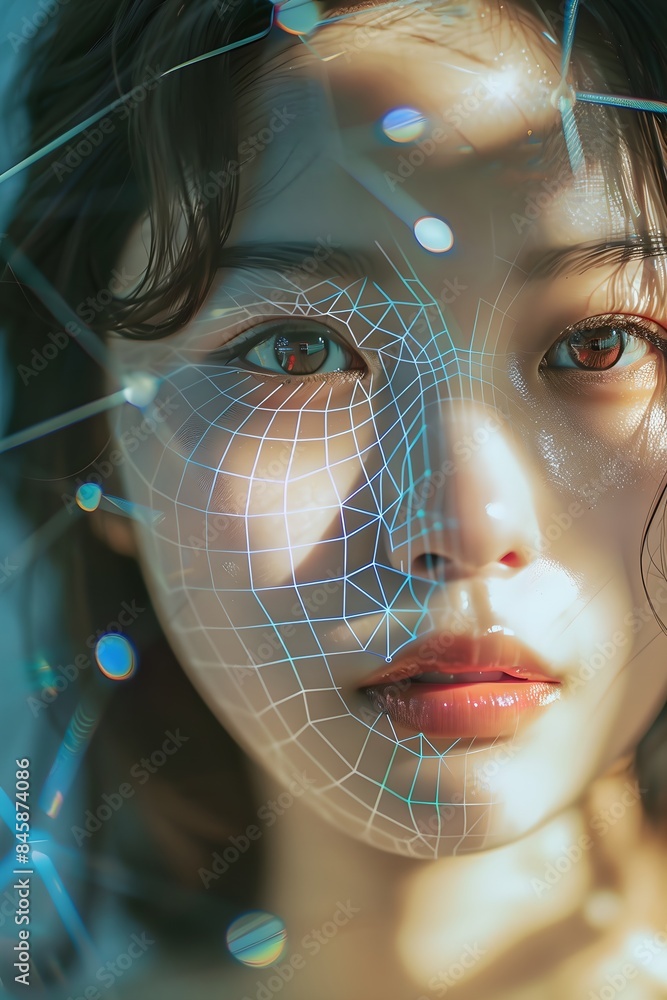 Asian woman with digital biometric scan grid. Face detection and facial recognition. Face ID and ...