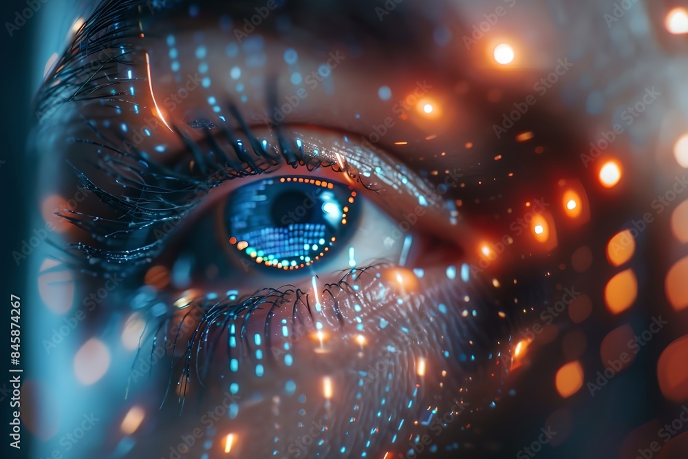 Close-up of female eye with digital futuristic interface overlay ...