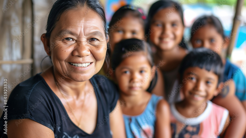 Proud smiling Filipino grandma with here family out of focus behind her ...