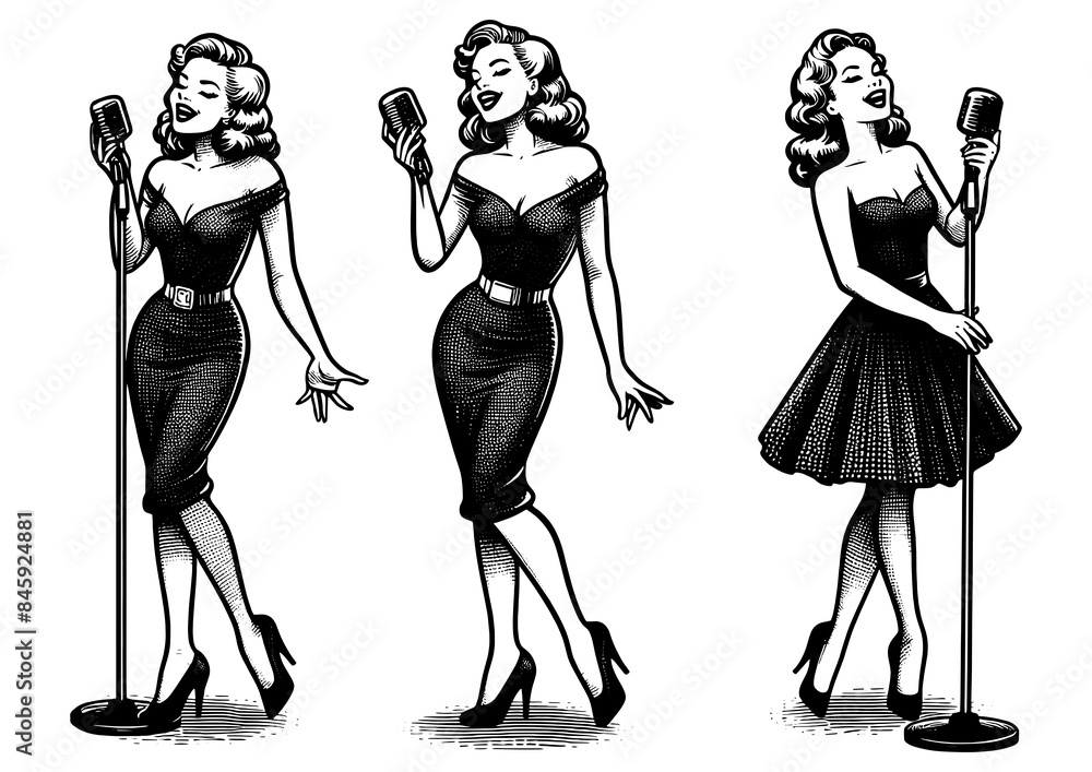 three vintage female singers in classic attire, performing with ...