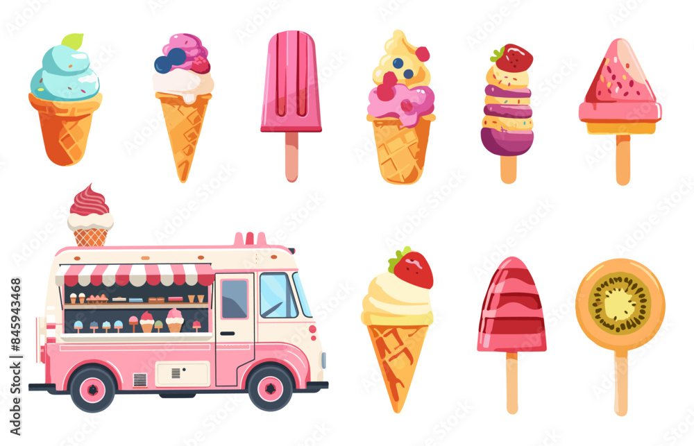 Summer ice cream set. Popsicles fruit ice creams cones with different ...