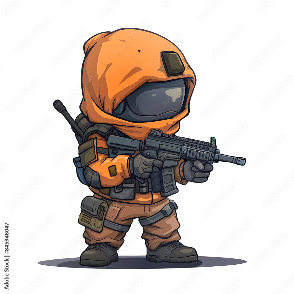 Cartoon soldier in orange gear holding a rifle, isolated on white ...