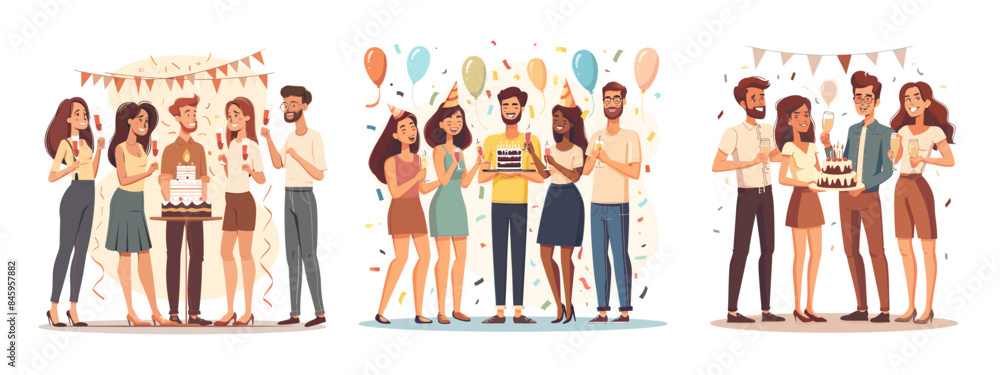 Birthday party cartoon vector scenes. Colleagues cake balloons glasses ...