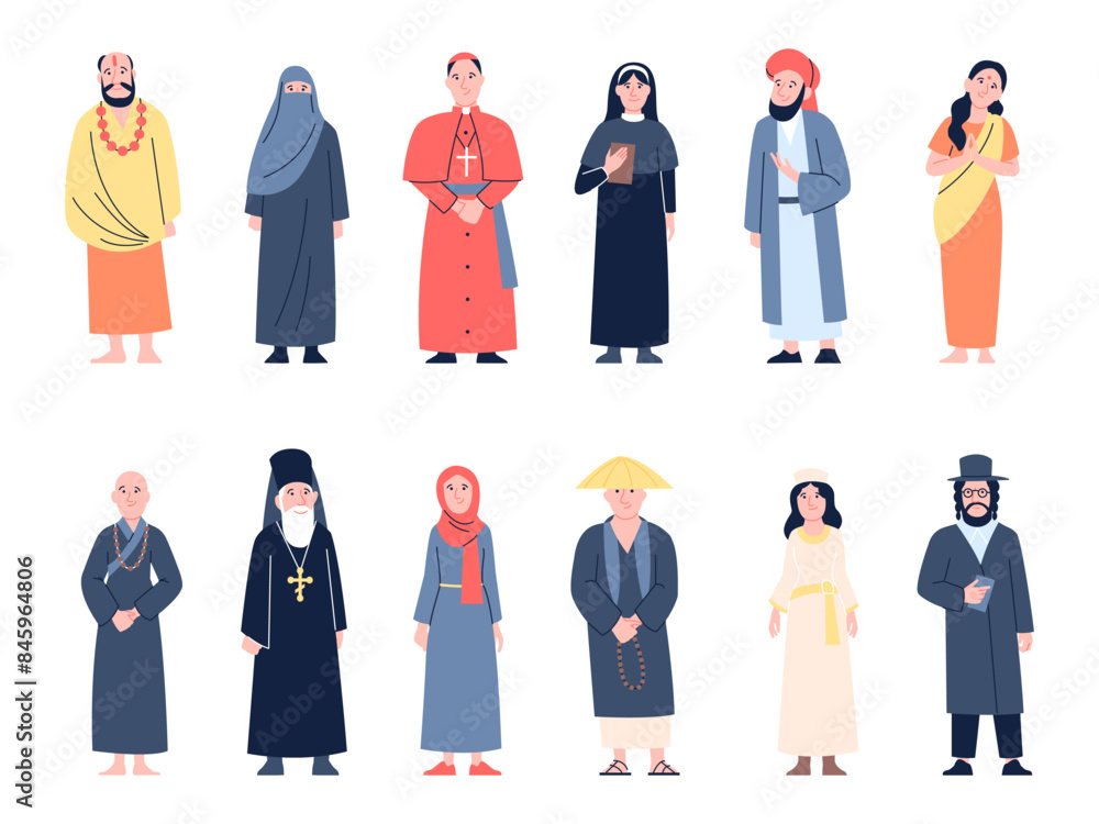 Monks and nuns. Religious people in traditional clothes, nun and priest ...