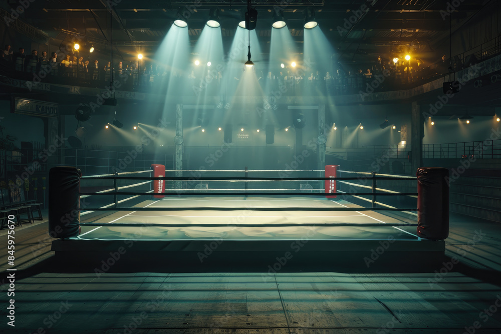 Empty boxing ring with light, battle arena at dark stadium, sport stage ...