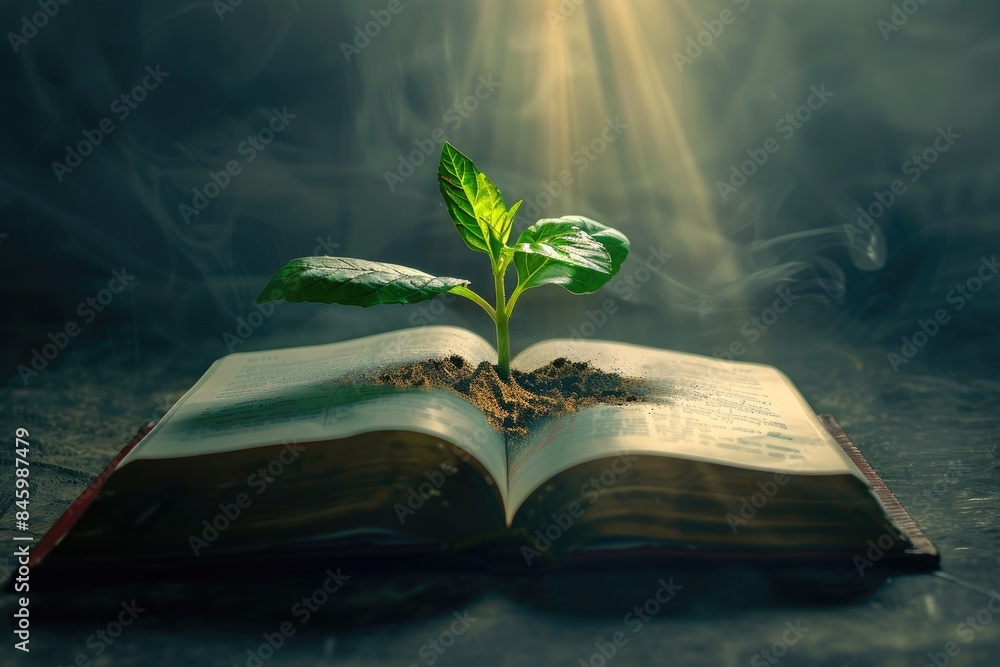 Growth mindset education concept. Light coming from open book with ...