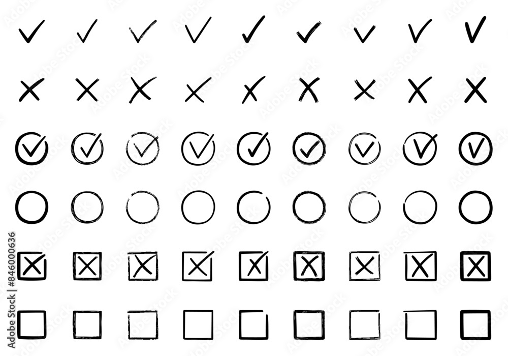 Check marks doodle set. Checkbox, checklist, tick and cross signs, v ...