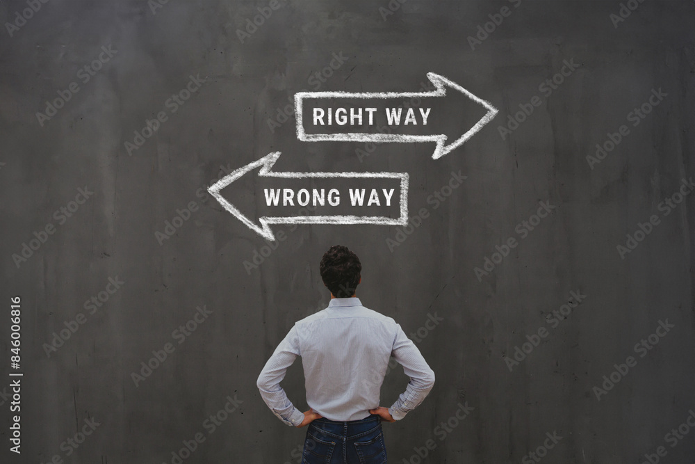 right way vs wrong way, good decision or mistake, businessman choosing ...