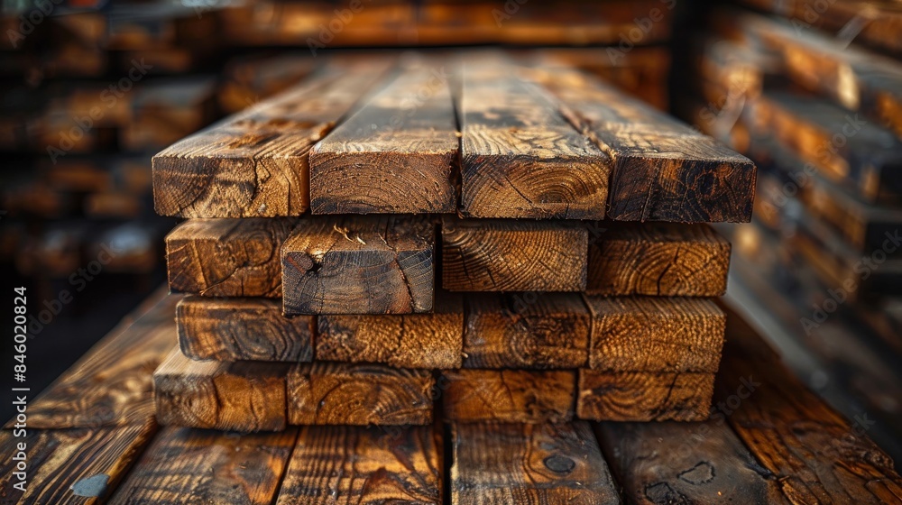 Pile of processed lumber logs stacked for drying and use in a carpentry ...