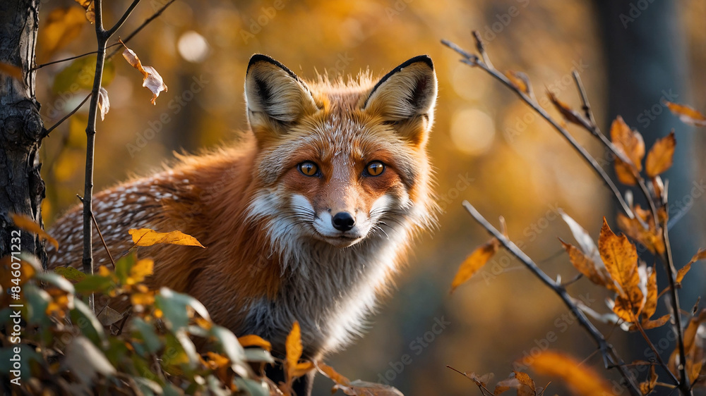 The curious eyes of a fox peep through the foliage, the background ...