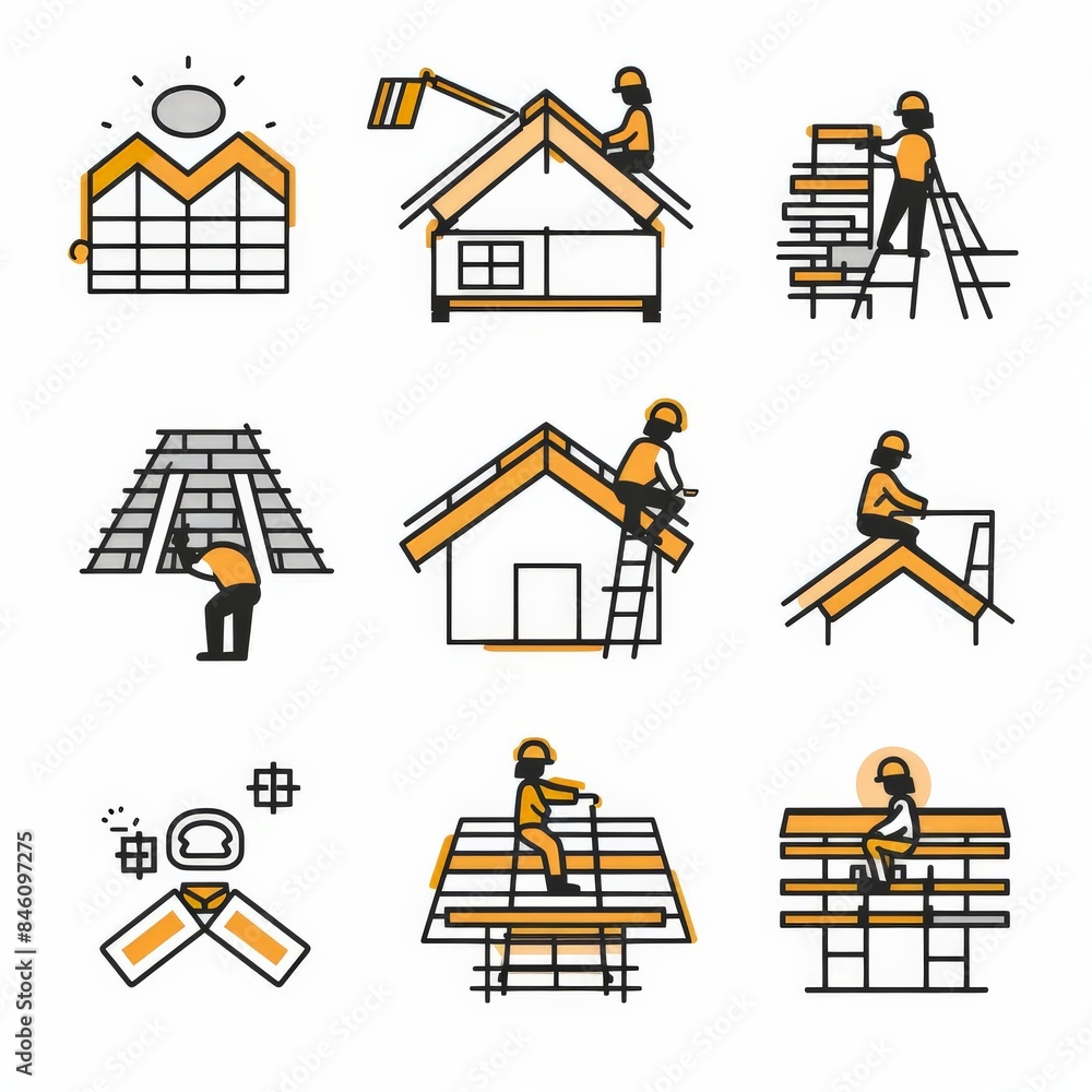 Roof installation process icons, featuring stages from framework construction to final ...