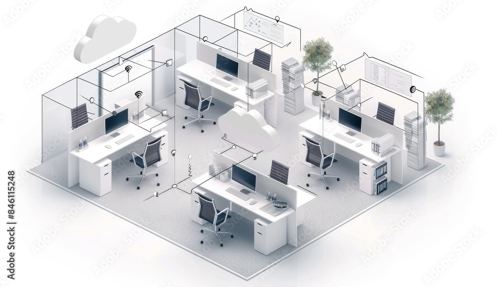 An isometric view of an office space with desks and computers connected ...