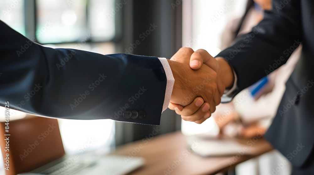 two professional businessmen in formal attire engaging in a welcoming ...