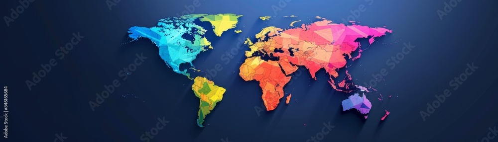 Vibrant world map illustration in multiple colors on a dark background ...
