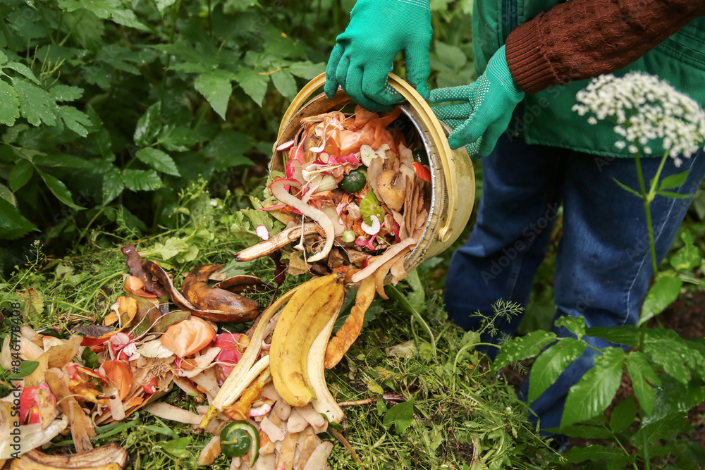 Compost heap pile with bio waste. Farmer hands put vegetable and fruit ...