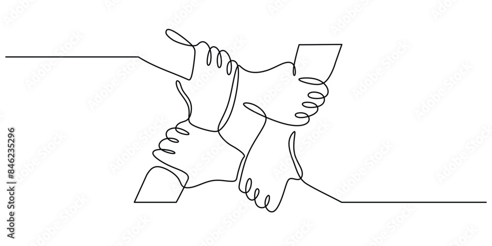 People unite their hands together continuous line drawing isolated ...