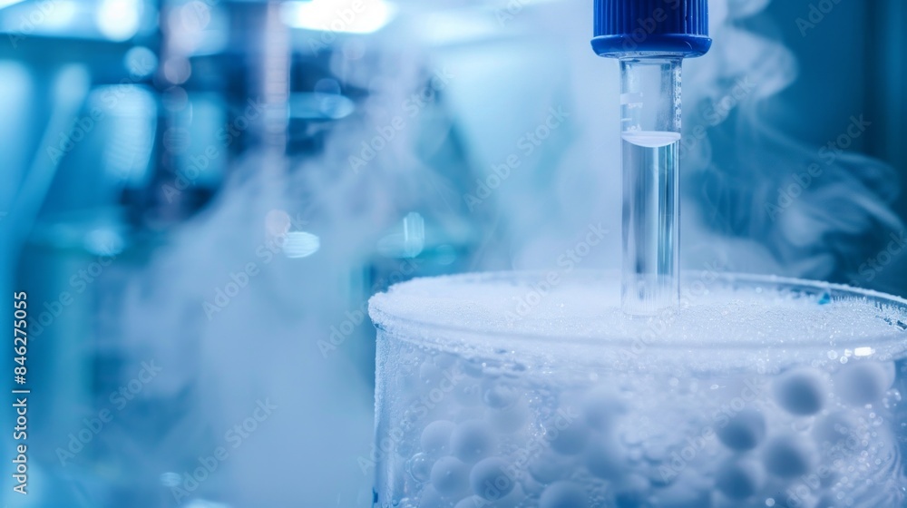 Vial with dry ice for cryopreservation. Cryosample of stem cells in ...