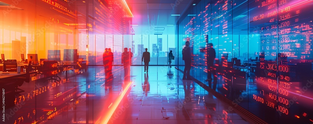 A high-tech cyberpunk office with neon lights and an open layout ...