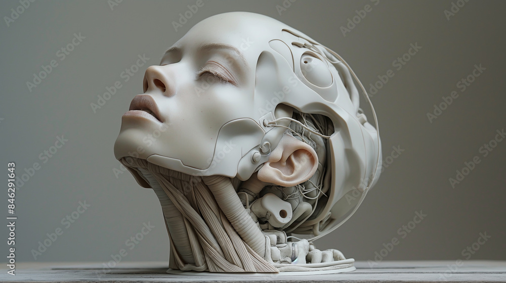 Anatomical model of head and neck with visible muscles and anatomical ...