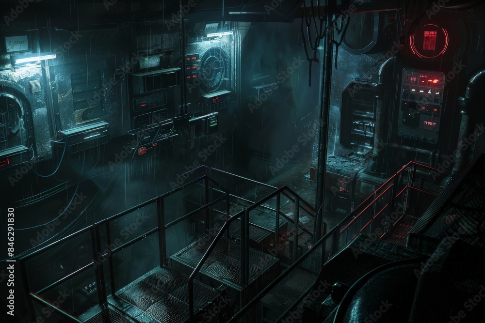 Eerie, dimly lit industrial interior with metal walkways, control ...