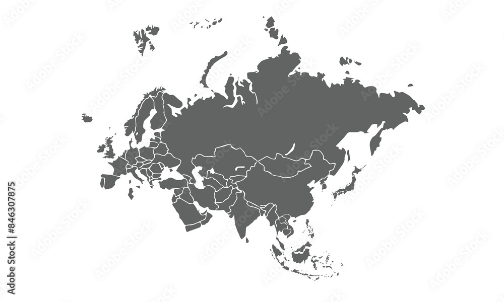 Eurasian continent with borders of different countries isolated on ...