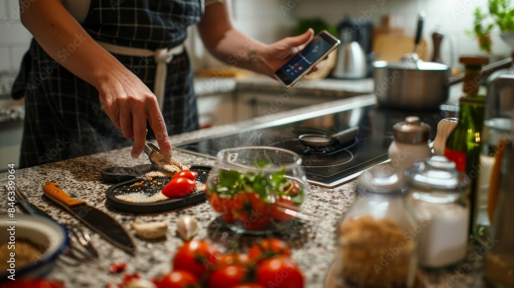 Chef cooking in a modern kitchen, using a tablet to follow a recipe ...