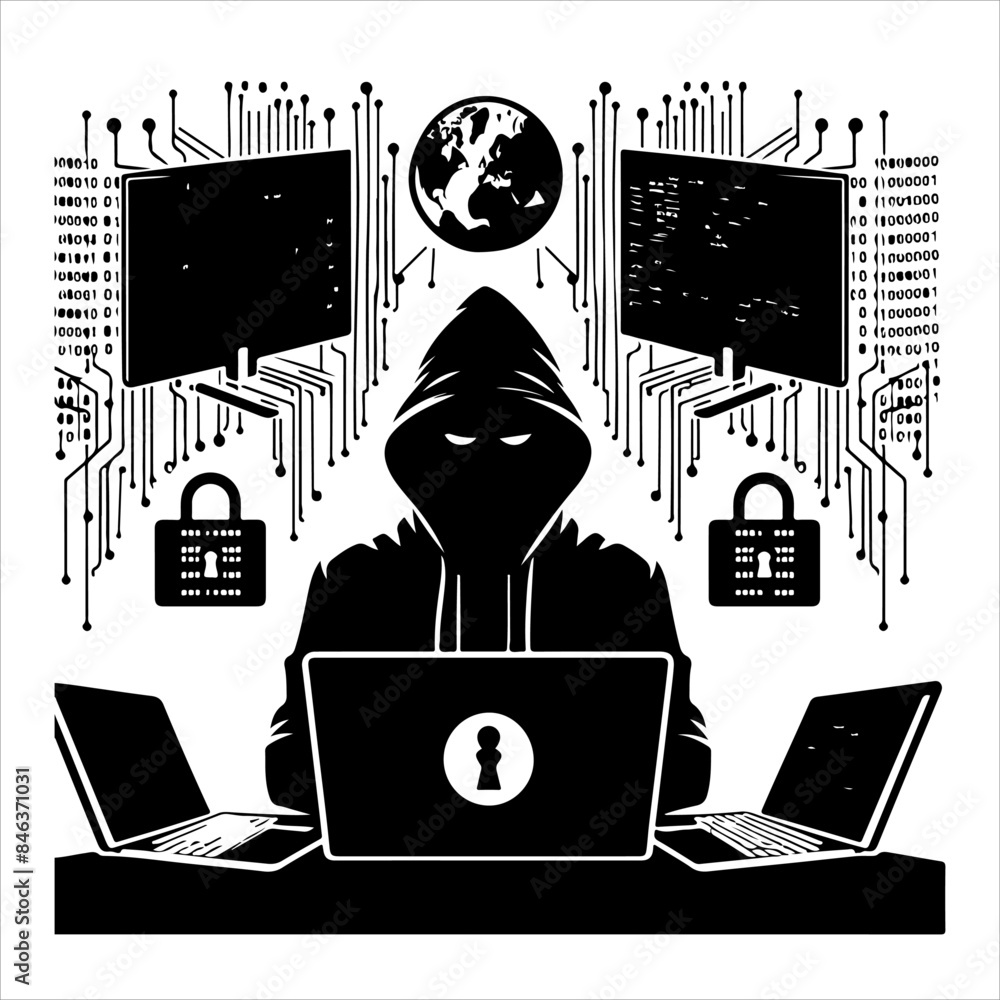 Hackers in a black hood icon. Cybercriminal at a laptop. Process of ...