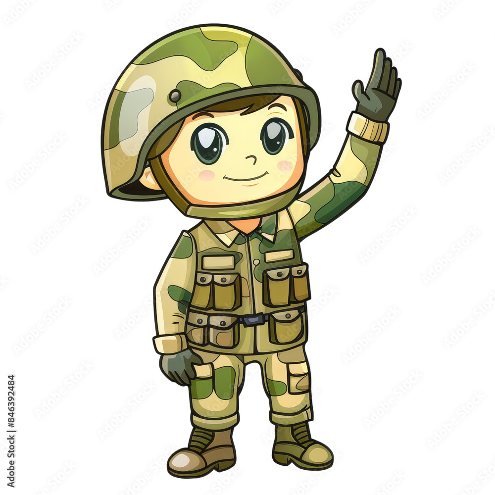 Cartoon soldier in uniform with American flag patch on transparent ...