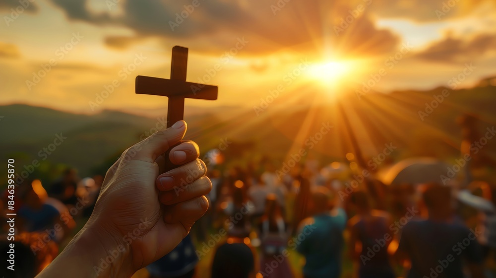 Person holding cross in hand and praying to god during sunset with ...
