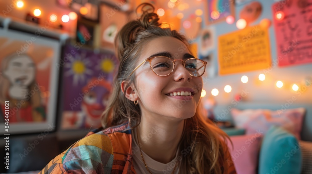 Excited students decorating their new dorm room, hanging posters ...