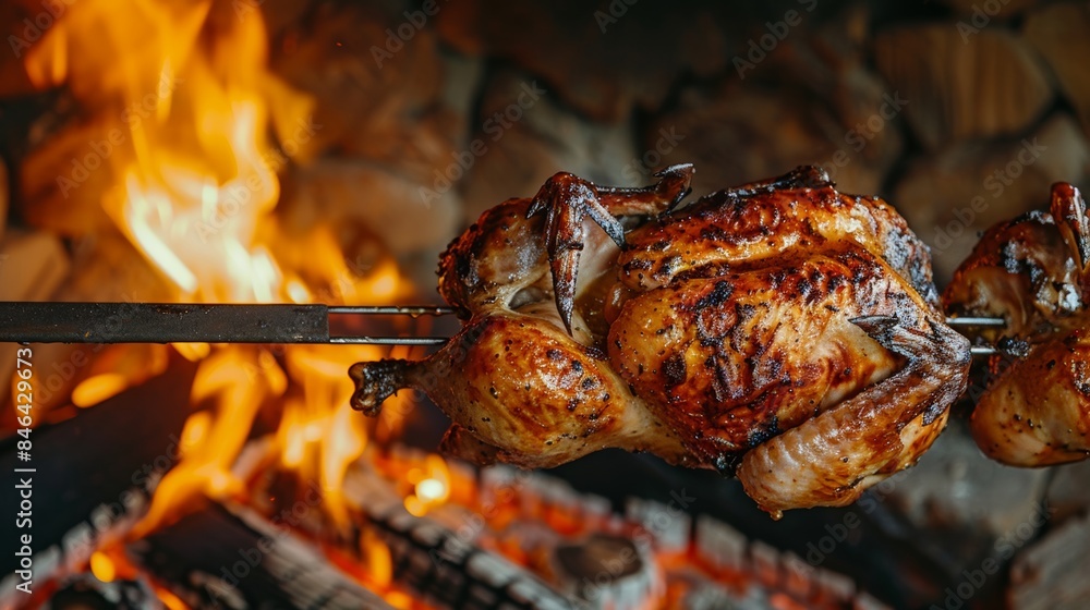 Mouth-watering rotisserie chicken over an open fire, close-up showing ...