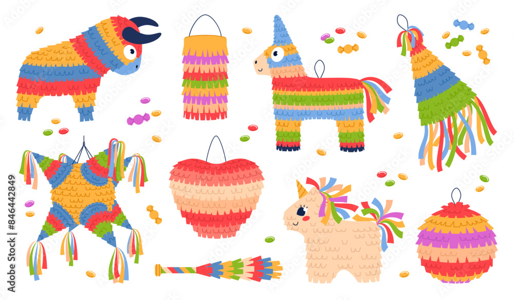 Mexican holiday pinatas. Color paper kids party decorations, colofrul ...