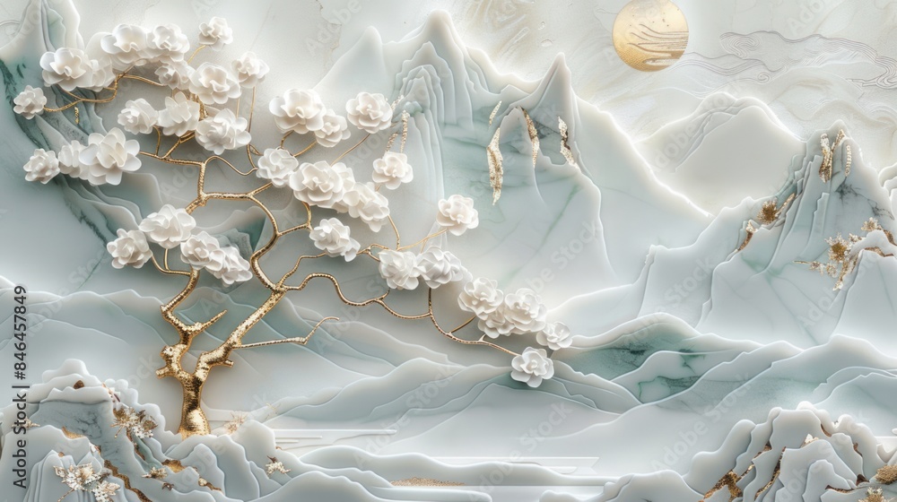 3D wallpaper with a white tree and golden leaves, a marble background ...