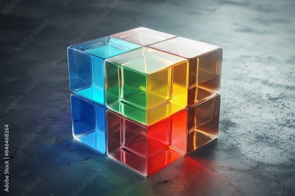 Transparent cube with rainbow light reflections, creating a modern and ...