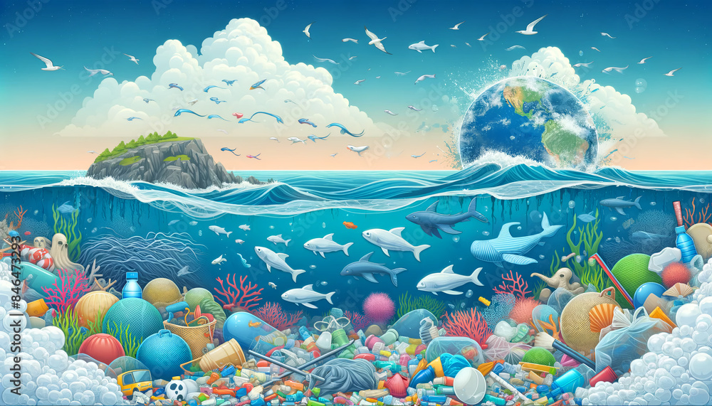 Illustration of ocean plastic pollution due to climate change Stock ...