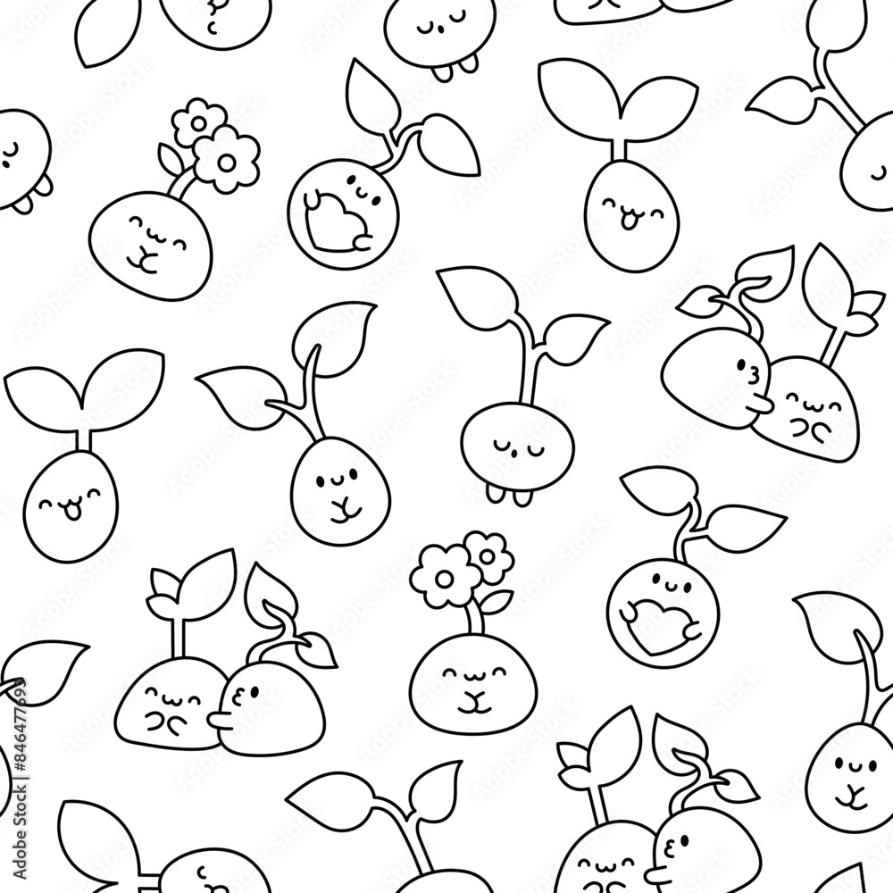 Cute kawaii seed with roots. Seamless pattern. Coloring Page. Bean ...