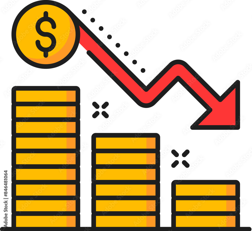 Decline investment color line icon. Vector graph of cost reduction and financial decrease with ...