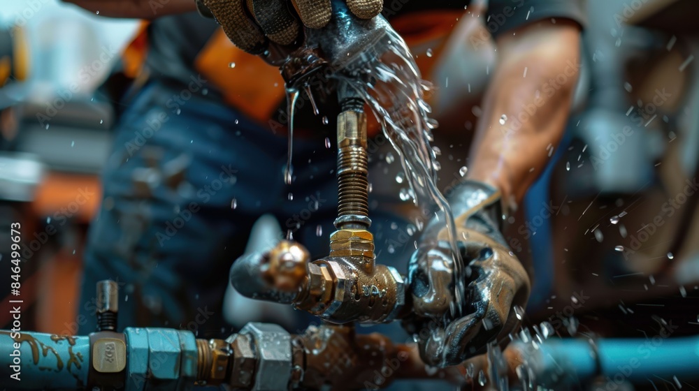 Plumber fixing a leaking pipe with water spraying out, showcasing ...