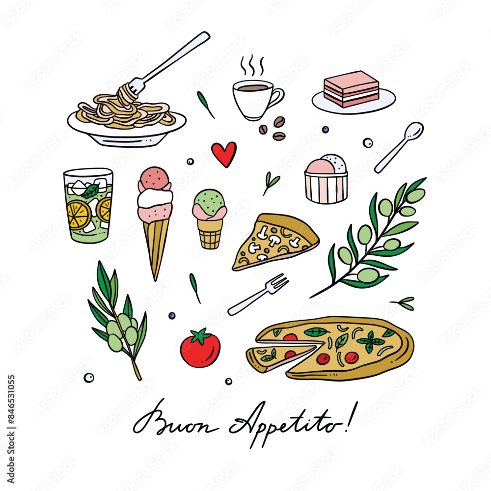 Italy vector clipart. Italian food cute clipart. Pizza, pasta, ice ...
