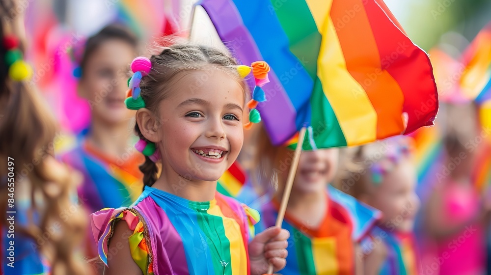 fA cheerful family with kids wearing rainbow attire waving pride flags ...