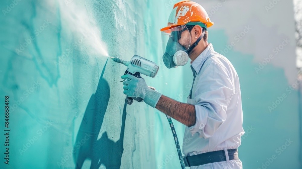 A professional painter using a paint shield to protect surfaces while ...
