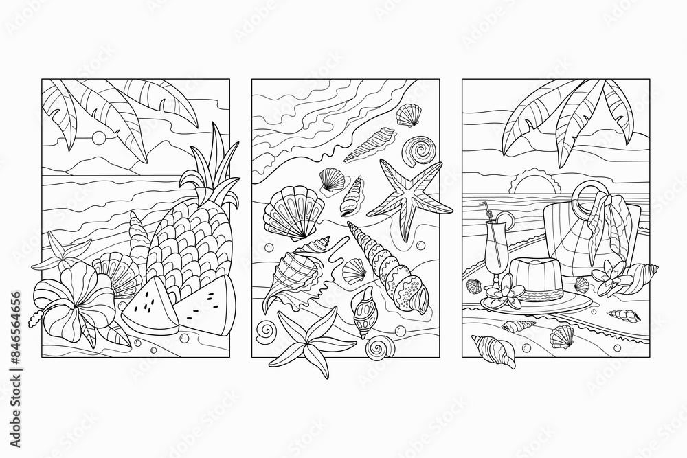 Happy summer holiday line art set. Seashells, fruits on the beach ...