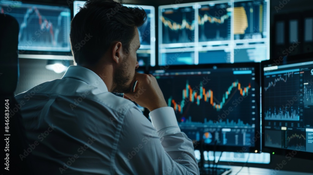 A businessman checking stock market updates on a desktop computer, with ...
