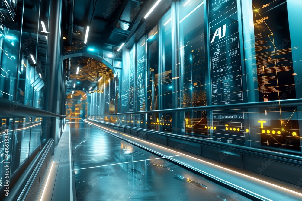 AI technology concept with futuristic corridor and neon lights ...