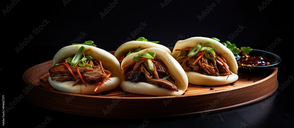 Image of Homemade organic Pulled Beef Bao Buns or Gua Bao on bamboo ...
